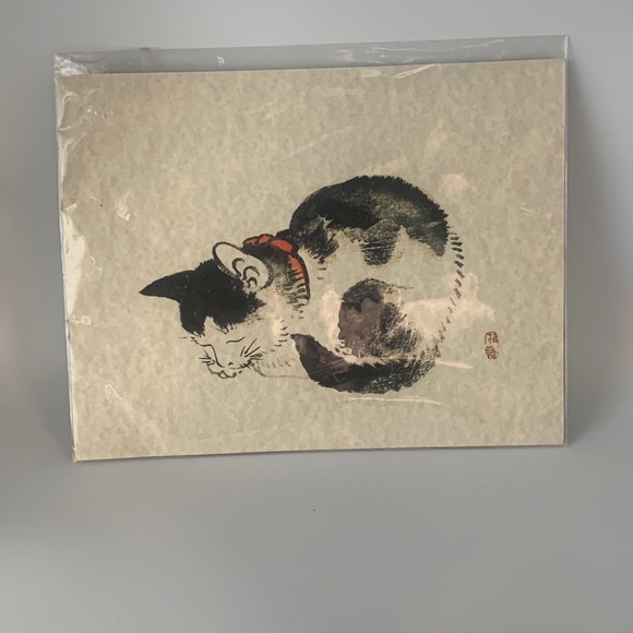Vintage | Art | Sleeping Japanese Black Spotted Kitty Cat Red Collar ...